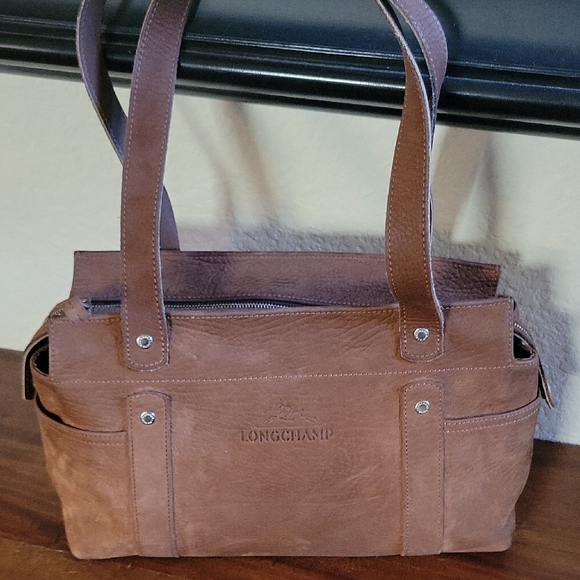 Longchamp | Bags | Longchamp Brown Suede Leather Bowling Bagtote | Poshmark